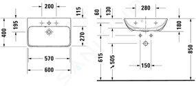 DURAVIT - ME by Starck Umyvadlo 600x400 mm, s přepadem, s otvorem pro baterii, WonderGliss, bílá (23436000001)