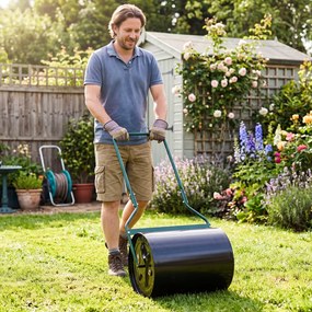 Costway Kovový válec na trávu s objemem náplně 60 L a šířkou rolování 50 cm.