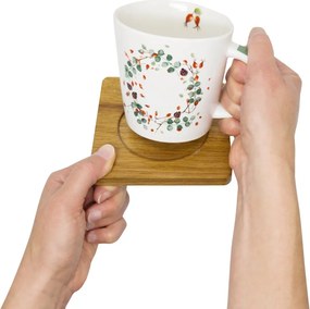 Porcelánový hrnek Nordic Moods s akáciovým podšálkem, bílý, 350 ml – severský design, motiv větviček a šípků