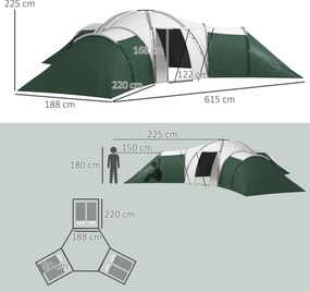 Kempinkový stan pro 6-9 osob, 4 místnosti, markýza, nepromokavý, 615x 615x225cm, zelený