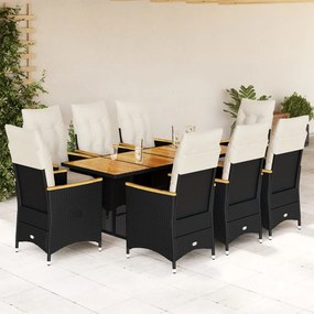 9dílný zahradní bistro set s poduškami černý polyratan 3276966
