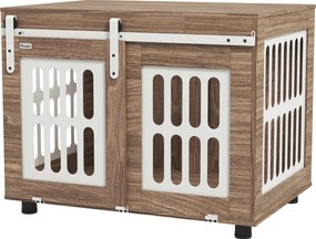 Nábytek pro psy PawHut v ořechovém provedení s posuvnými dveřmi, domek pro střední psy, dobrá ventilace, boční stůl s nastavitelnými nohami, 80 x 59 x
