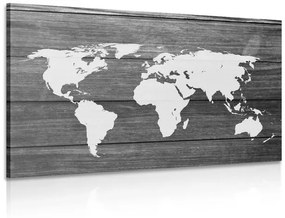 Obraz černobílá mapa světa s dřevěným pozadím