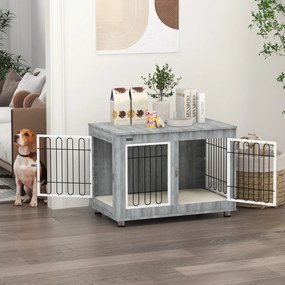 PawHut klec pro psy, psí bouda, klec pro domácí mazlíčky s polštářem, 2 zámky pro střední psy, klec pro psy s dvojitými dveřmi, šedá, 90 x 58 x 65 cm