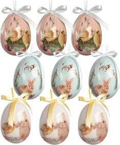 9ks dekorace barevné závěsné vajíčko s králíčky a kuřátky Spring Egg - Ø 5*8 cm