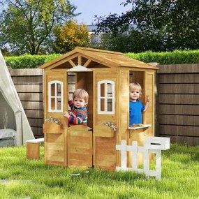 Outsunny dětský domeček, zahradní domek ze dřeva s dveřmi a okny, lavičkou, poštovní schránkou, plotem, pro děti od 3 do 6 let