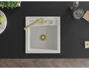 Mexen Vito, 1-komorový granitový dřez 520x490x210 mm, zlatá baterie Duero, bílá, 6503-20-671600-50