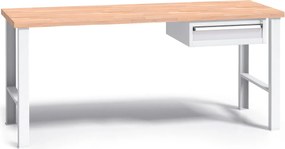 Pracovní stůl do dílny G3 se závěsným boxem na nářadí, buková spárovka, 1 zásuvka, pevné kovové nohy, 1700 mm, šedá