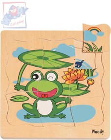 WOODY DŘEVO Puzzle naučné vývoj žáby 4 vrstvy 4 obrázky 4v1 na desce 90078
