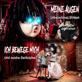 HOMCOM Animovaná Halloween dívka na houpacím koni s hrůzostrašnými rýmy, svítícíma očima a aktivací zvukem / dotykem