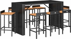9dílný zahradní barový set černý polyratan a masivní akácie 3187688