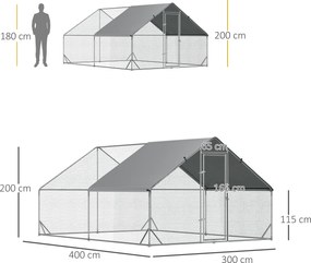 PawHut XXL kurník pro slepice s volným výběhem Drůbežárna se stínící střechou se zámkem pro 8-12 slepic Kachna Králík Ocel 3 x 4 x 2 m | Aosom