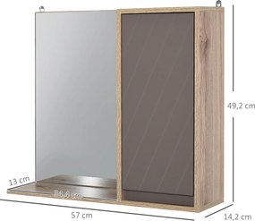 HOMCOM Koupelnová skříňka se zrcadlem, nástěnný pomocný nábytek s 1 dveřmi a nastavitelnou policí, moderní styl 57x14,2x49,2 cm, dubová a šedá