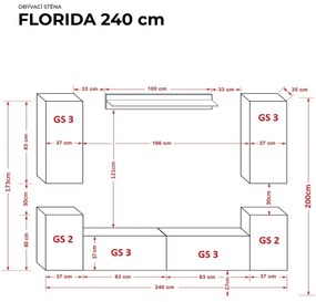 Ral Obývací stěna FLORIDA 2, 240 cm - Bílý lesk