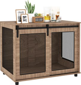 PawHut Psí klec jako nábytek s 2 zamykatelnými posuvnými dveřmi – Vyvýšená kovová psí bedna pro domácí použití pro velké psy do 30 kg, boční stolek, r