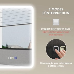 HOMCOM Bluetooth koupeln mirror 70 x 90 cm, nástěnné LED koupeln mirror s dotykovým spínačem, 3 barevné nastavení světla, proti-zamlžení, paměť - Stří