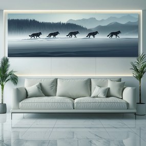 Obraz na plátně - Na Stopě, smečka vlků v zasněžené krajině FeelHappy.cz Velikost obrazu: 150 x 50 cm