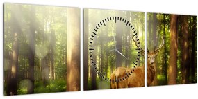Obraz jelena v lese (s hodinami) (90x30 cm)