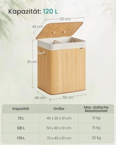 Prádelní koš s víkem, 2 přihrádky, 120 litrů, bambusový prádelní koš, přírodní