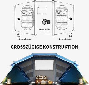 Outsunny Stan na kempování pro 4-6 osob - Lehký, stabilní, voděodolný rodinný stan s předním plachtou, stan s vodním sloupcem 2000 mm, tunelový stan …