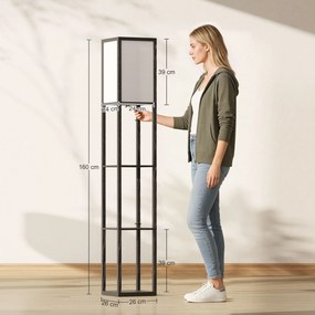 HOMCOM Stojací lampa s policemi E27 do 40 W bez žárovky, interiérové osvětlení do obývacího pokoje a ložnice, dřevo v černé barvě, 26x26x160 cm