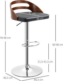 HOMCOM Sada 2 designových barových židlí s nastavitelnou výškou sedáku a 360° otáčením, černý syntetický potah, perforovaný opěrák připomínající dřevo