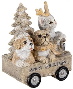 Vánoční dekorativní soška s pejskama a kočičkou ve vozíku – 9x7x11 cm