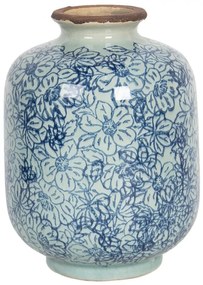 Keramická váza ve vintage stylu s modrými kvítky ok – 10x15 cm