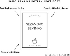 SEZAMOVO SEMÍNKO - omyvatelná samolepka na dózu, výběr rozměrů Ø 5 cm / 5 x 5 cm / 6 x 8 cm | DomaLEP tvar: OBDÉLNÍK, barva: PRŮHLEDNÁ - ČERNÉ písmo, velikost: š. 6 cm x v. 8 cm – základní písmo