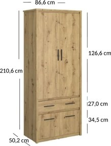 Skříň čtyřdveřová se zásuvkou Ayson 86x210x50 cm Dub artisan