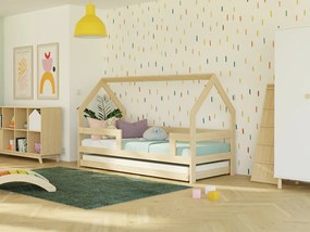 Benlemi Dětská dřevěná postel domeček SAFE 3v1 se zábranou a přistýlkou Zvolte barvu: Nelakovaná, Zvolte rozměr: 90x190 cm, Zvolte zábranu: S otevřeným vstupem