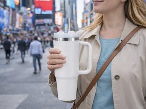 VERK Velký nerezový termohrnek se slámkou a držadlem – 1,2 l - bílý