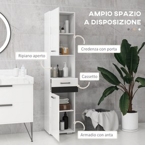 Kleankin sloupec pro úsporu místa do koupelny z MDF, koupelnová skříň s otevřenou policí, zásuvkou a uzavřenou skříňkou, 37x32,5x170 cm, leskle bílá