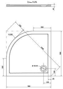 Polysan SERA sprchová vanička z litého mramoru, čtvrtkruh 90x90cm, R550, bílá - 41511