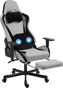 HOMCOM ergonomická herní židle s vyhřívanou masáží, opěrkou nohou, látková, šedá