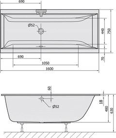 Polysan CLEO SLIM 160 x 75 x 48 cm 93611S obdélníková vana bílá