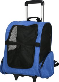 PawHut přepravka pro domácí zvířata 2 v 1 - Kola a batoh s teleskopickou hliníkovou rukojetí a úložnými kapsami 42x25x55 cm Modrá