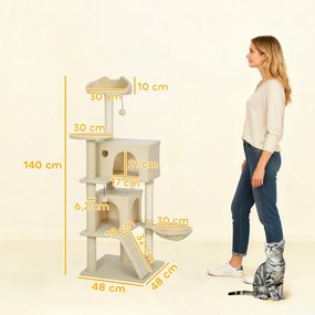 Škrabadlo 140 cm Kočičí věž s houpací sítí, žebříkem, jeskyní, 2 plyšovými míčky, sisalové sloupky, 48 x 48 x 140 cm, béžová barva