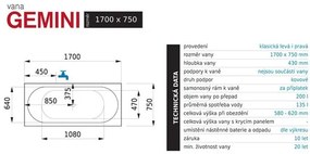Santech GEMINI 170 x 75 cm SAGEM170 vana akrylátová