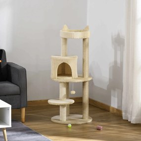PawHut 104 cm Kočičí Škrabadlo s Platformami a Visící Kuličkou 48x48x104 cm Krémové