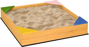 Dětský dřevěný pískoviště Outsunny čtvercové pro děti od 3 do 8 let s neprodyšnou látkou a 4 sedadly pro zahradu, terasu, 109x109x19,8 cm přírodní