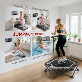 Fitness trampolína s nastavitelnou T-rukojetí, skládací, taška na přenášení, nosnost 120 kg, ocel, plast, černá barva