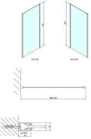 Polysan, EASY LINE sprchová boční stěna 700mm, čiré sklo, EL3115