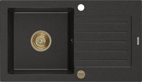 Mexen Pablo, granitový dřez 752x436x161 mm, 1-komorový, černá-zlatá metalíza se zlatým sifonem, 6510751010-75-G