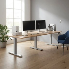 Výškově nastavitelný stůl OfficeTech Long, 260 x 80 cm, šedá podnož, buk