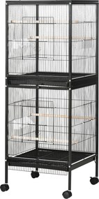 Ptačí klec PawHut na kolečkách Velká dvoupatrová voliéra s vyjímatelnými zásobníky, krmítky a bidly pro kanáry aandnbsp;and budgie 51.5x50x140 cm Čer…