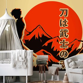 Fototapeta Osamělý samuraj - japonský nápis, horská krajina a postava anime