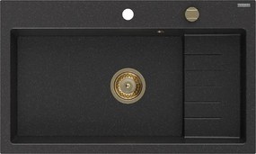Mexen Omar, 1-komorový granitový dřez 800x480x210 mm, černá-stříbrná metalíza, zlatý sifon, 6520801005-73-G