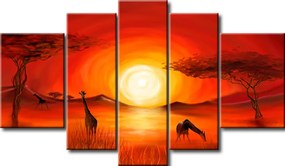 Obraz Motiv africký (5dílný) - žirafy na savaně při západu slunce