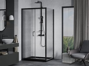 Mexen Apia sprchový kout s posuvnými dveřmi 90 (dveře) x 80 (stěna) cm, 5mm čiré sklo, černý profil + černá sprchová vanička s černým sifonem, 840-090-080-70-00-4070B